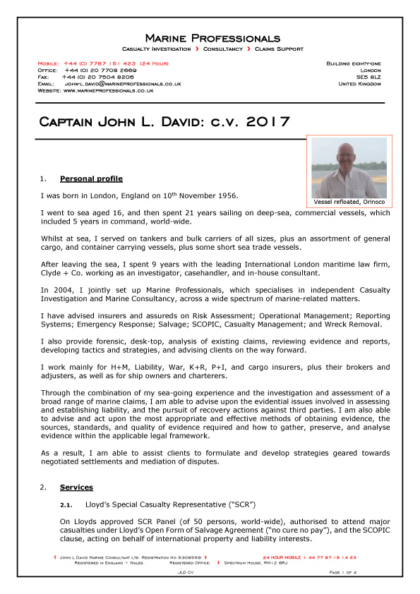 C.V : Captain John L. David: Marine Professionals: London: Consulting ...